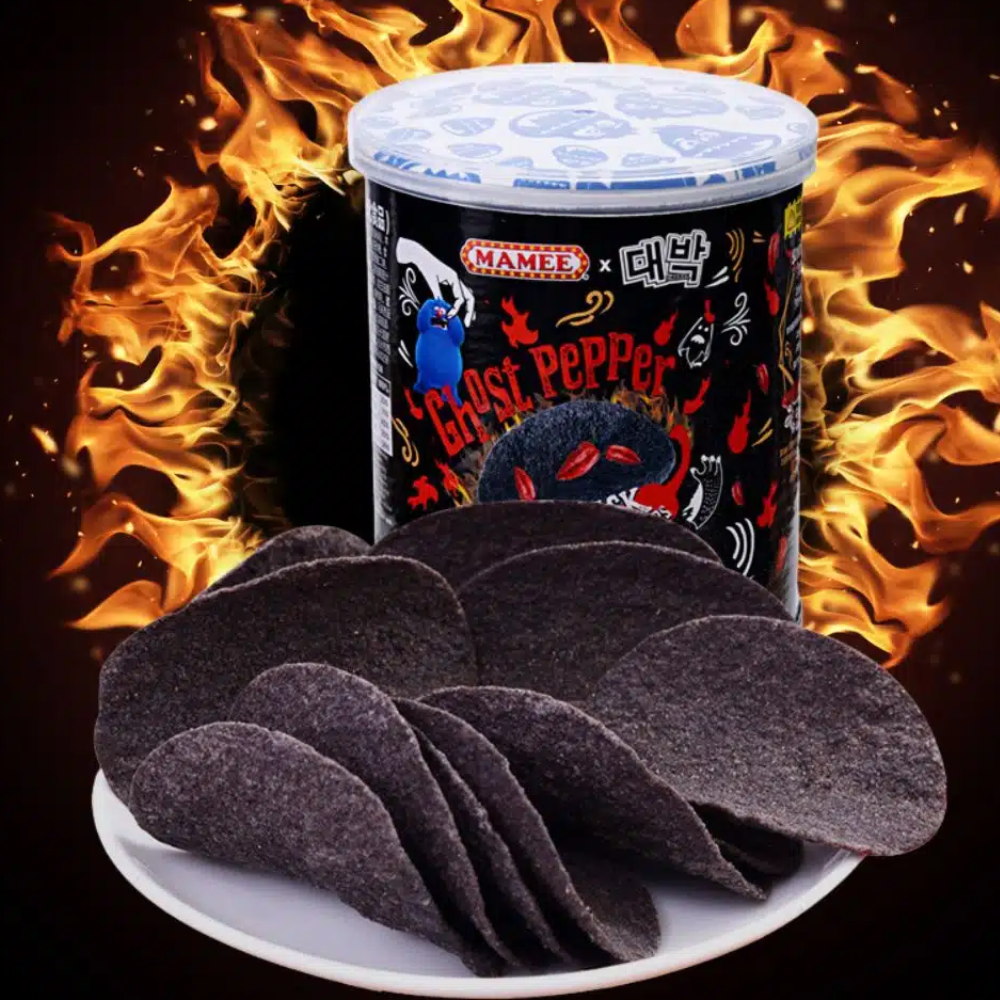 MAMEE black crisps are devilishly hot ghost pepper chips in a can ...